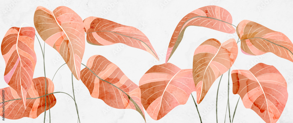 Abstract art background with leaves of tropical plants in pink color in ...