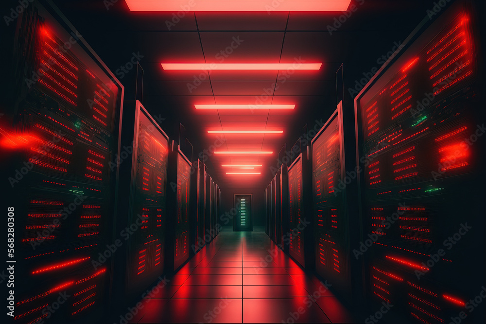 Panoramic View of a Busy Data Center with Rows of Rack Servers. Computers are operating, and red ...