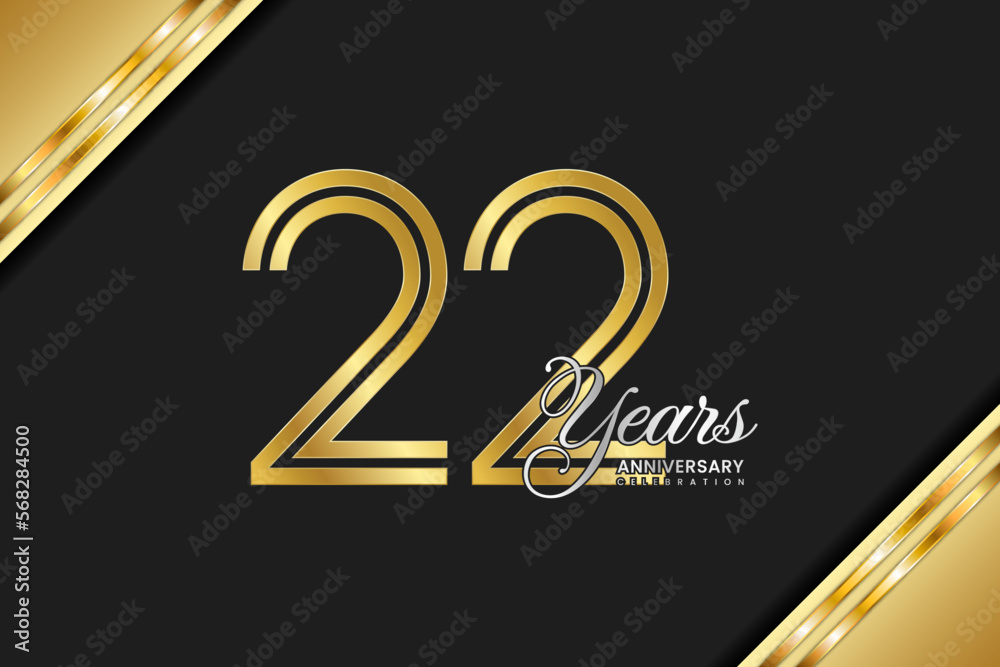 22th anniversary logo design with double line. Gold color numbers with ...