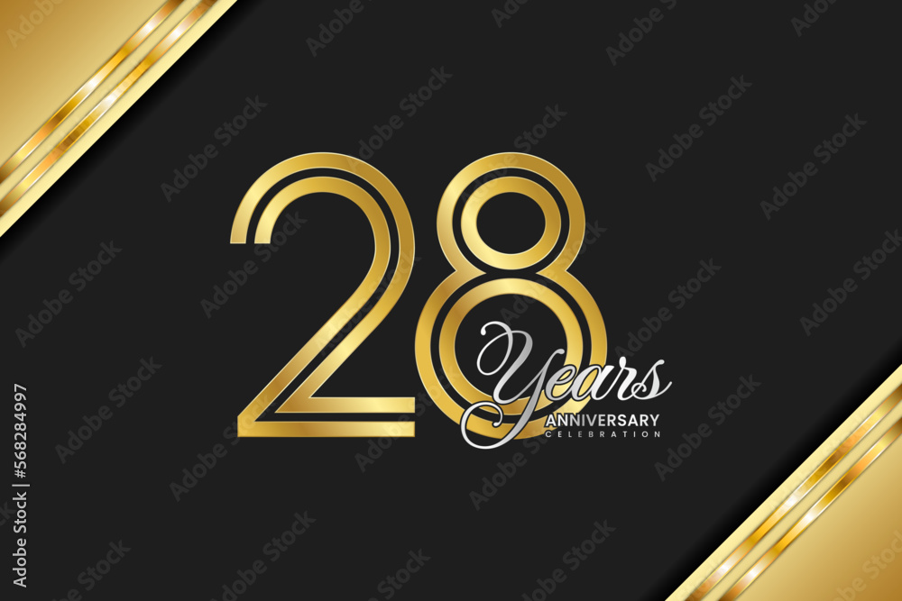 28th anniversary logo design with double line. Gold color numbers with ...