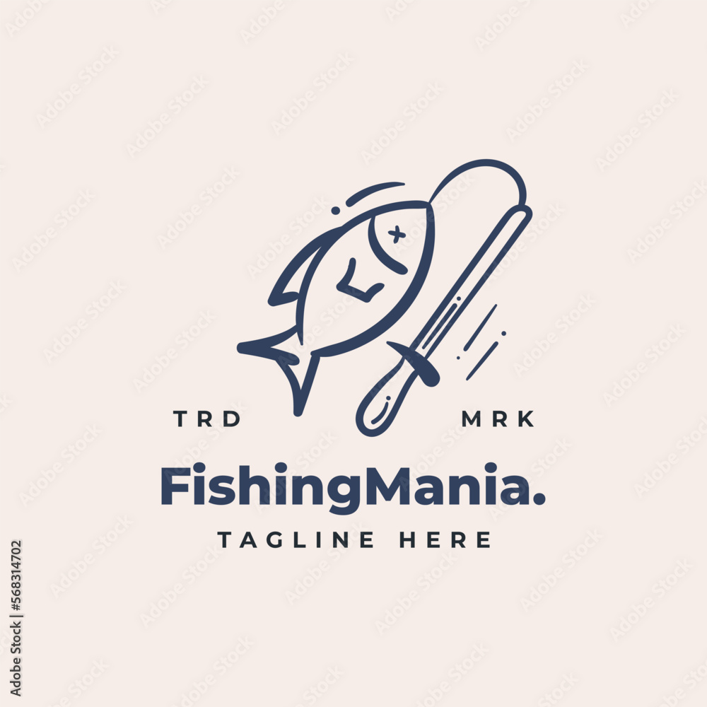 Fishing minimal logo icon doodle. Hand drawn fish rod line cartoon ...