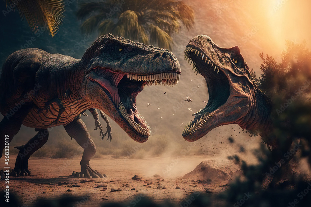Spinosaurus and Tyrannosaurus Rex fight in the Jurassic Valley. This ...