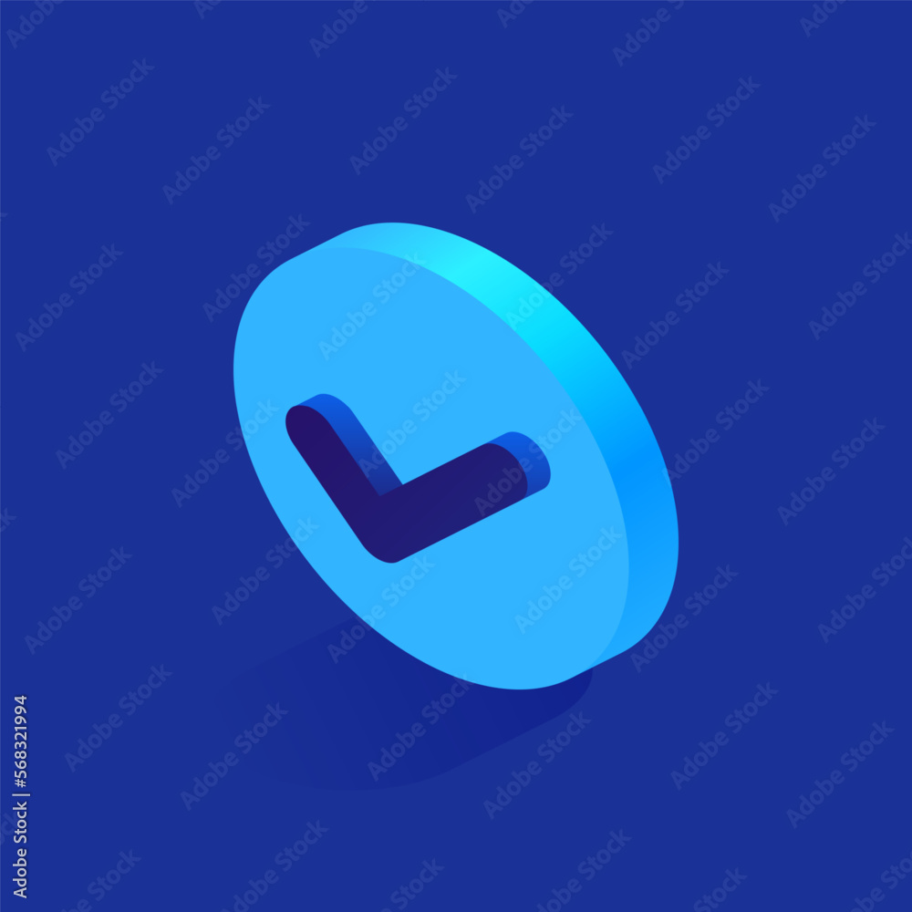 Blue checkmark on button icon in isometric view. Approval, agreement ...