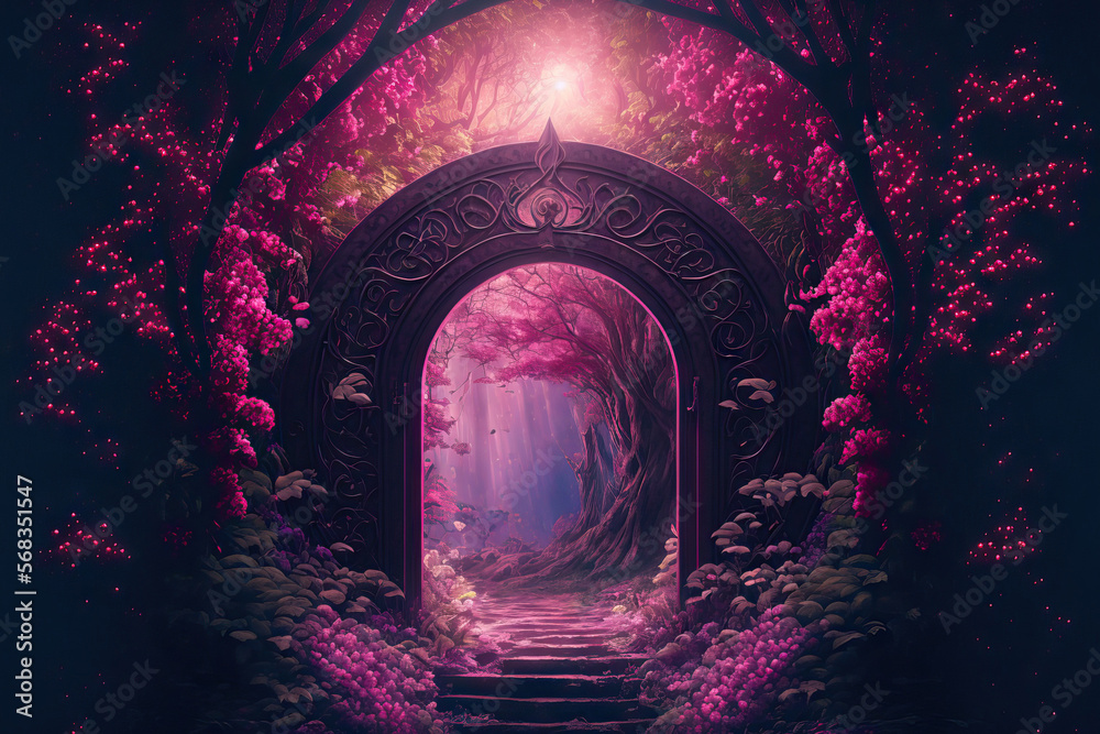 Beautiful floral archway portal in a pink fantasy forest glade. opulent ...