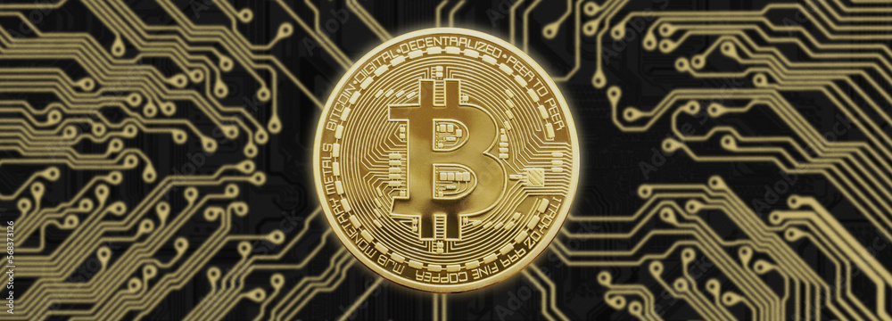 Bitcoin coin isolated on black pcb board textured background ...