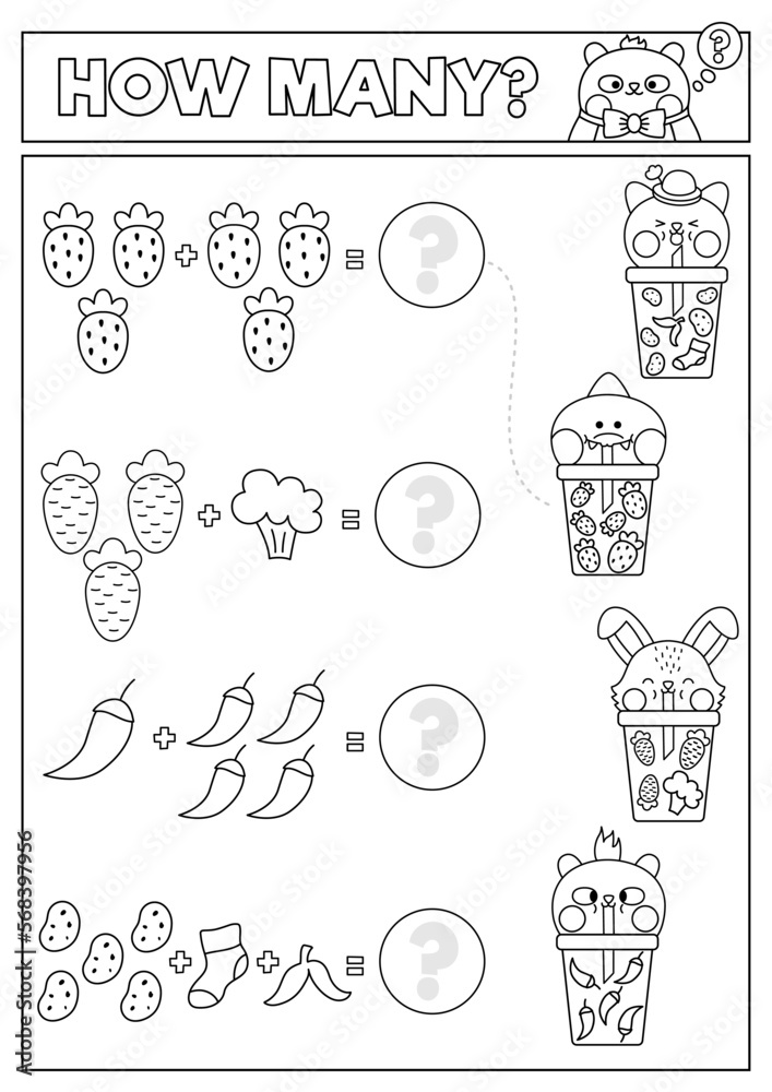 Black and white matching game with cute kawaii fruit, vegetables drinks ...