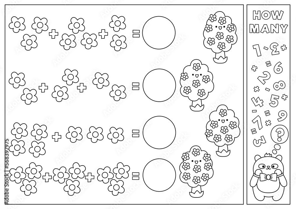 Spring black and white matching game with cute kawaii blossoming trees ...