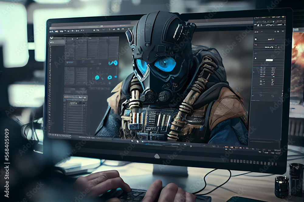 The game designer writes a project and creates a 3d character to play ...