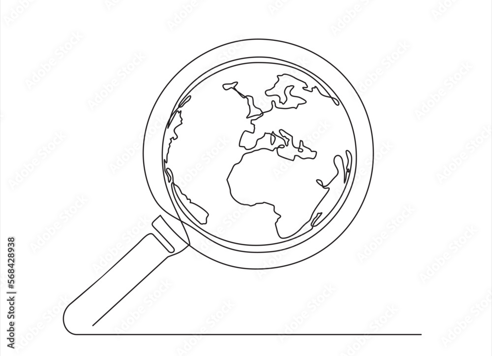 Continuous one line drawing of world planet with looking glass search ...