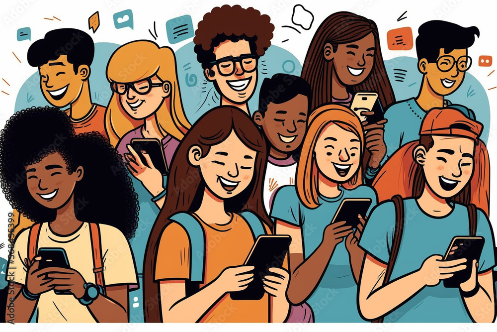 happy students interacting with their smartphones, cartoon, Clipart ...