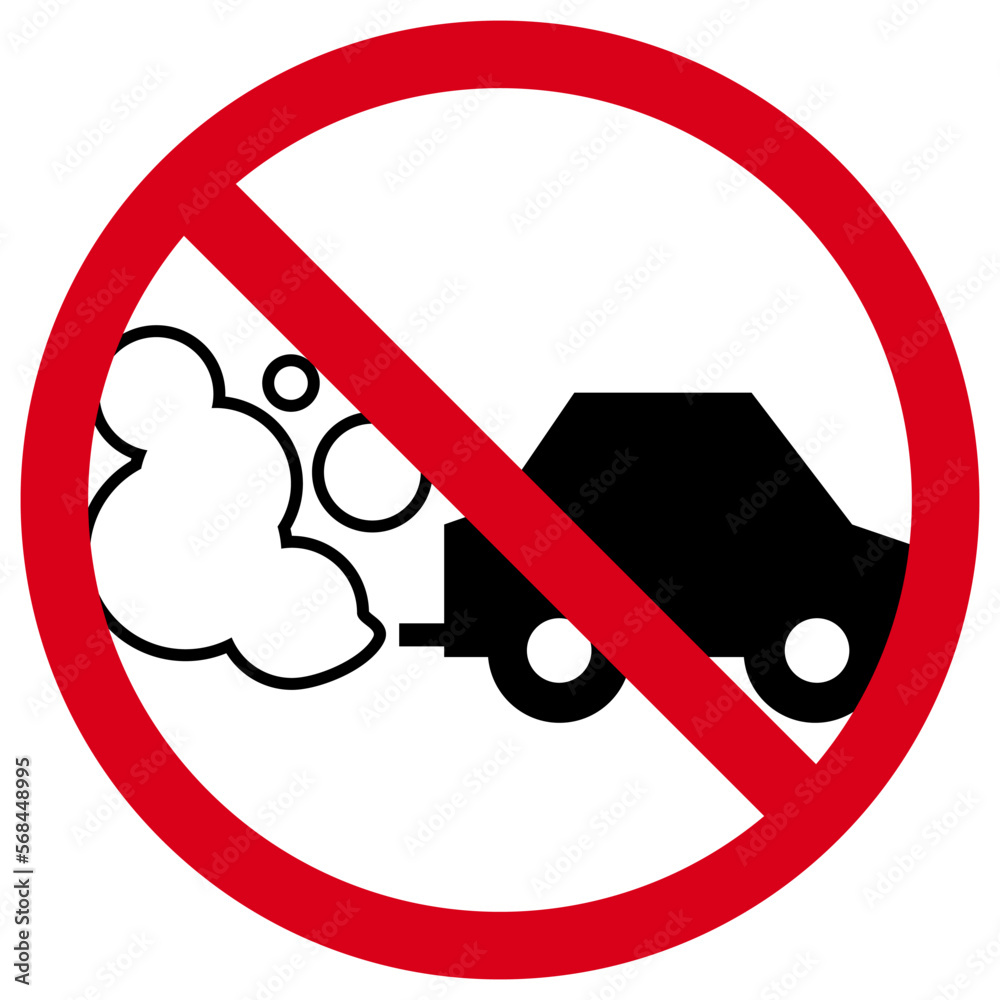 No idling car or vehicle, red prohibition sign. Please turn off your ...
