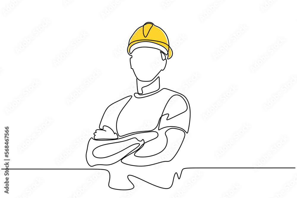 Single continuous line drawing of young construction worker. Building ...