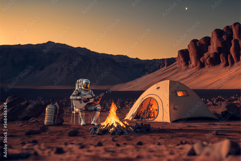 Ilustração Astronaut playing guitar in the evening near campfire and ...