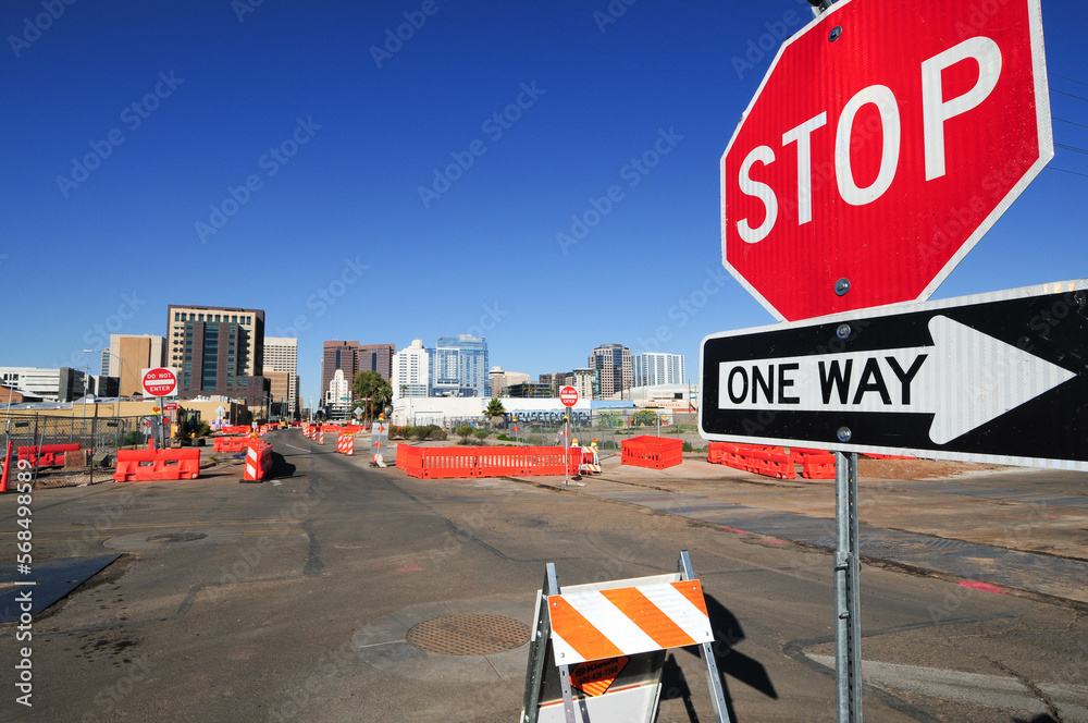 Northbound view of downtown Phoenix, Arizona skyline from light rail ...