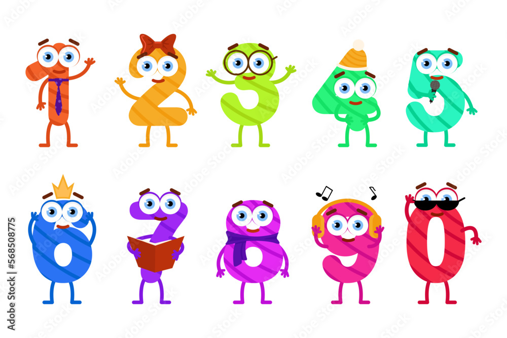 Cute funny numbers. Adorable vector math characters. One, two, three ...