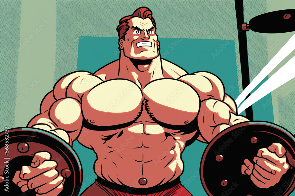 Ilustración de Stock Bodybuilder Cartoon Comic, Muscle Man Working Out in Gym Illustration ...