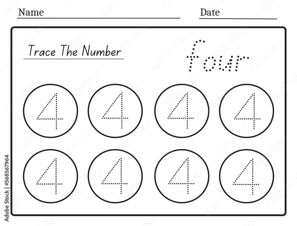 Writing practice number four printable worksheet for preschool ...