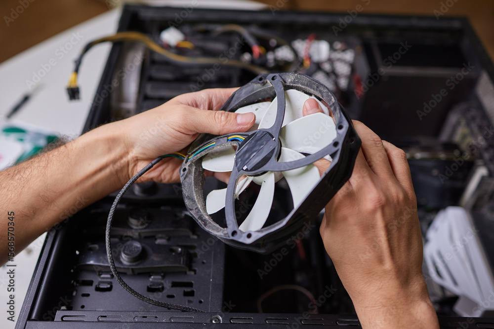 Internal parts of an old personal computer. Dusty motherboard, video ...