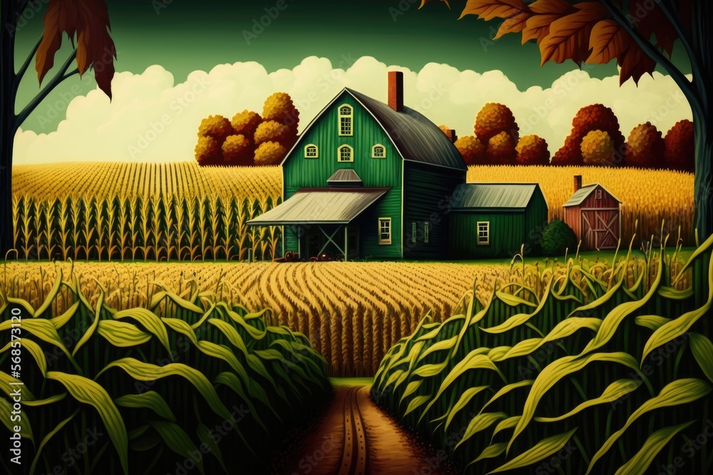 Fall: A farm with ripe crops of golden corn and green wheat ...