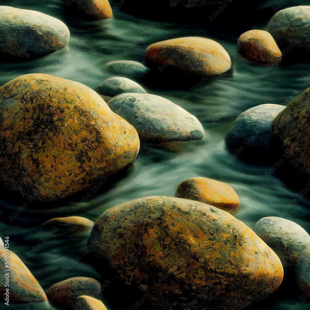 Seamless Pattern of Worn Rounded River Rocks in Water, Boulders in a ...
