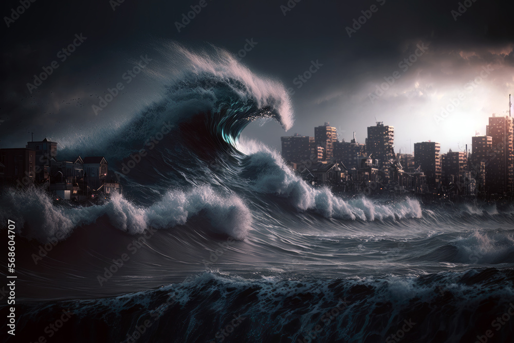Huge tsunami destroying a city. Dramatic scenery with a apocalyptic big ...