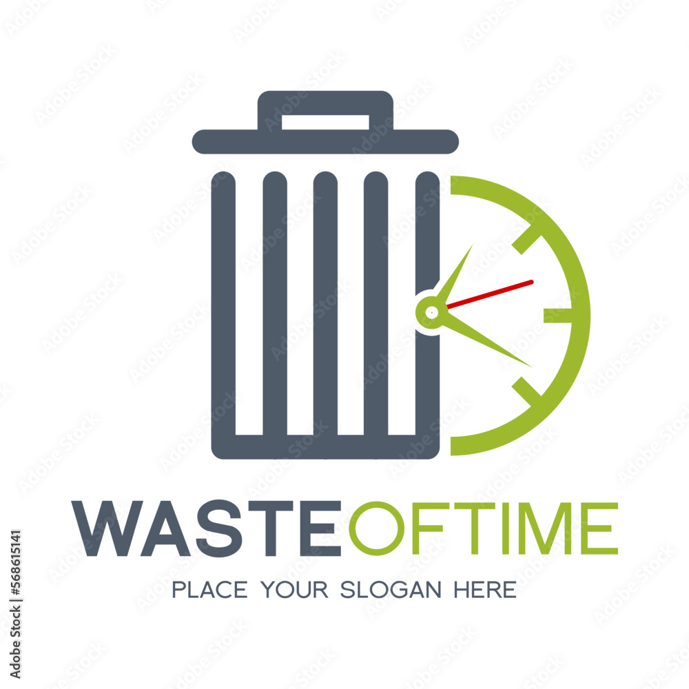 Waste of time vector logo template. This design use garbage and clock ...