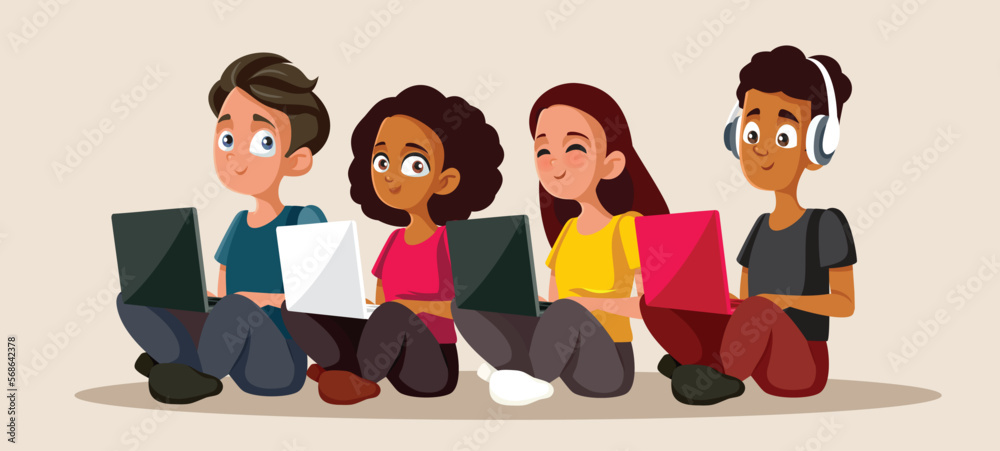 Teenagers Studying on their Laptop Devices Vector Cartoon Illustration ...