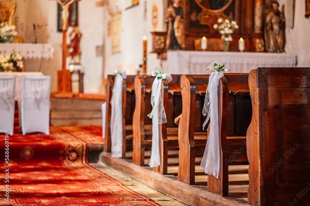 Church wooden bench. Interior view of a modern church with empty pews ...