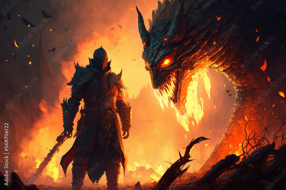 Fire breathes explode from a giant dragon in a black night, the epic ...