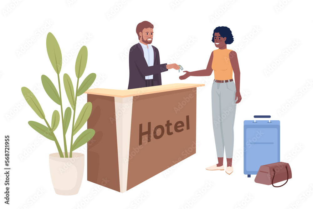 Woman booking room in hotel semi flat color vector characters ...
