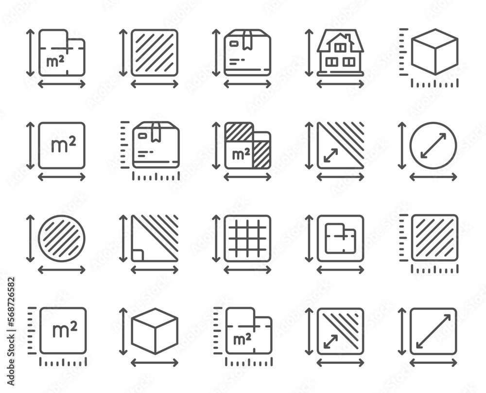 Dimension line icons. Square meter, Area size and Floor plan set. Box ...