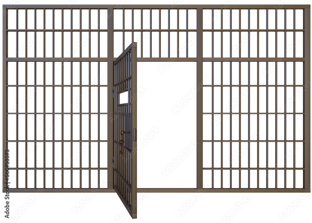 Prison metal bars, open cell door and keys. 3D Prison cells, Iron jail cage. Crime, punishment ...
