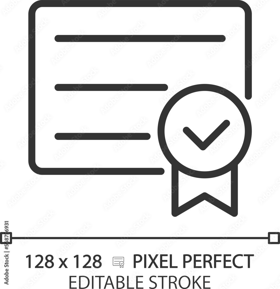 Diploma with check mark pixel perfect linear icon. College graduation ...