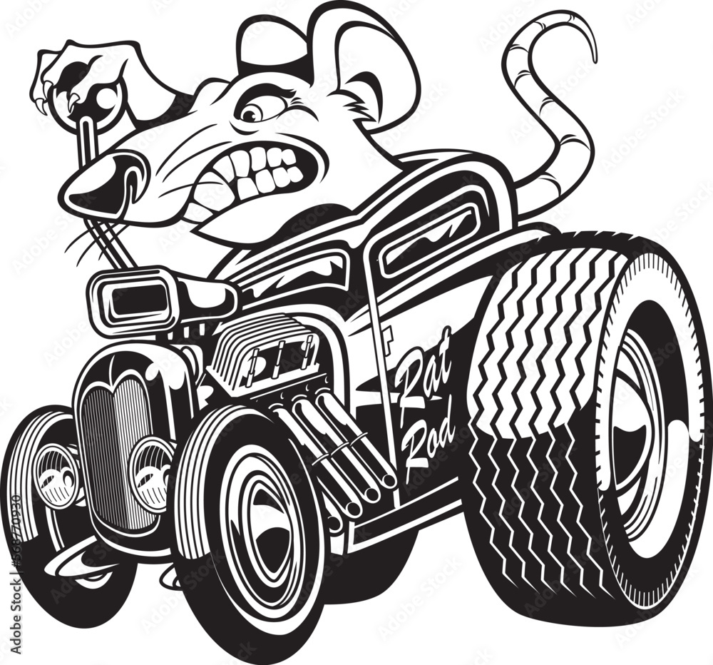 Cartoon style rat driving a custom hot rod car Stock Vector | Adobe Stock