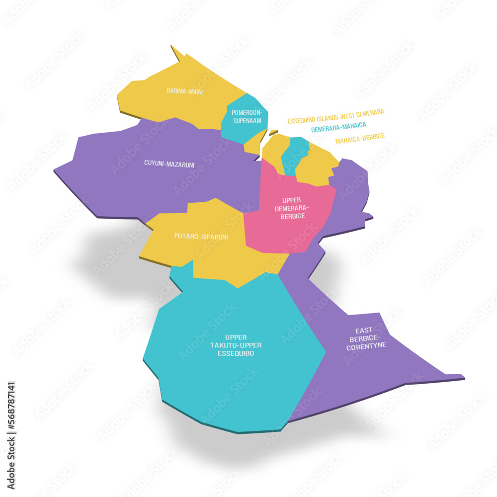Guyana political map of administrative divisions - regions. 3D colorful ...