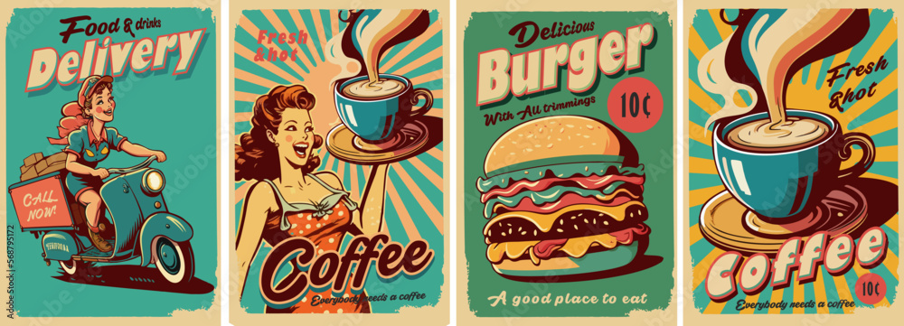 Image vectorielle Stock Vintage posters of the 50s, 60s. Fast food ...