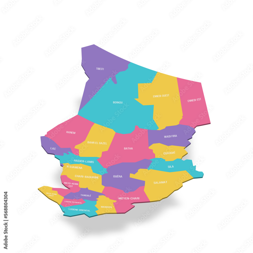 Chad political map of administrative divisions - regions. 3D colorful ...
