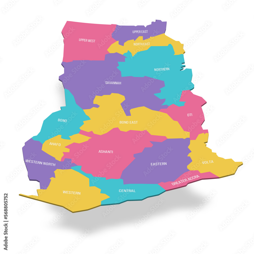 Ghana political map of administrative divisions - regions. 3D colorful ...