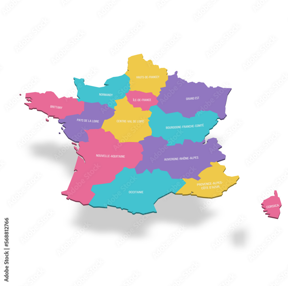 France political map of administrative divisions - regions. 3D colorful ...