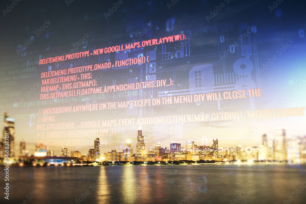 Multi exposure of abstract creative coding sketch on Chicago city ...
