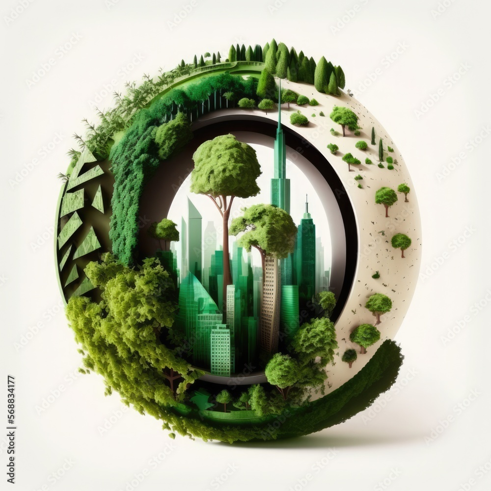Pie chart with city and lush greenery environmental sustainability ...