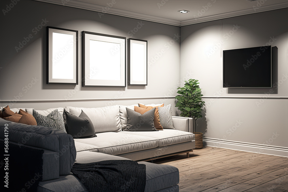 Frame mockup in modern Basement Rec Room interior background Stock ...