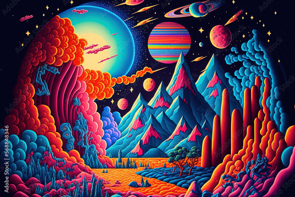 Generative AI, Psychedelic Space banner template, nostalgic 80s, 90s ...