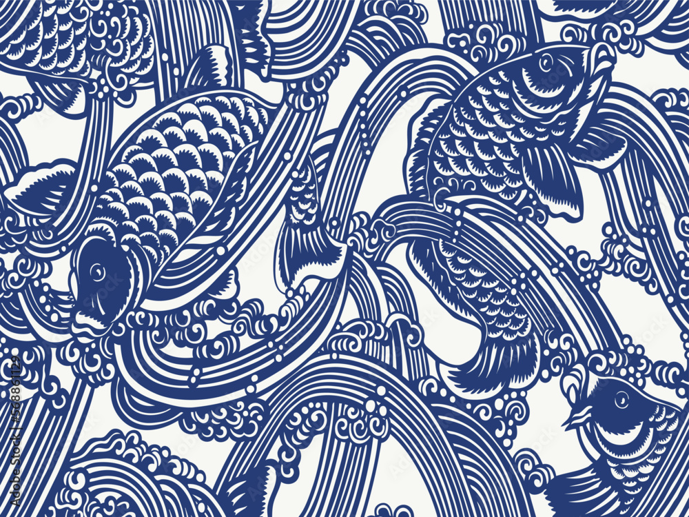 Japanese vintage kimono koi fish seamless pattern. Navy blue and white ...