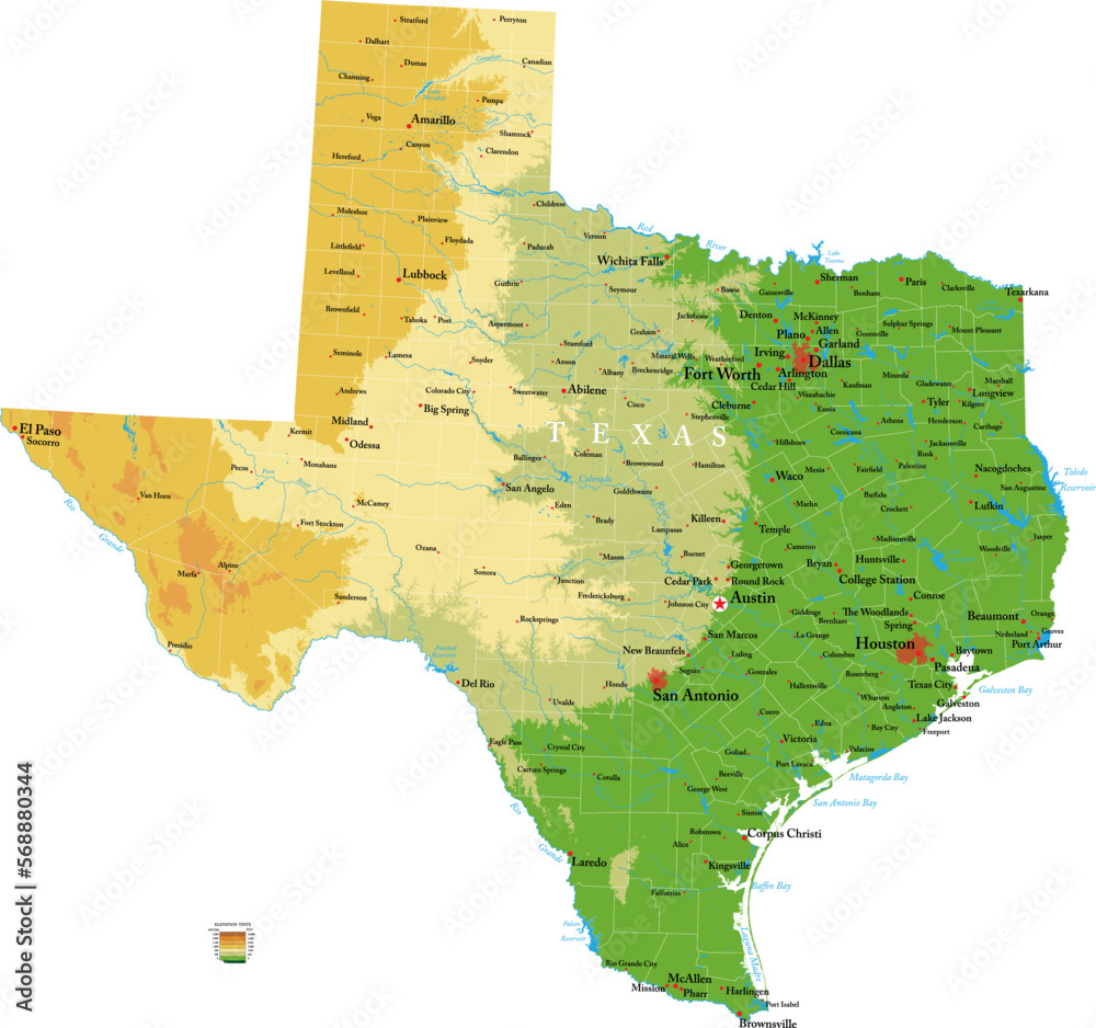 Texas highly detailed physical map Stock Vector | Adobe Stock