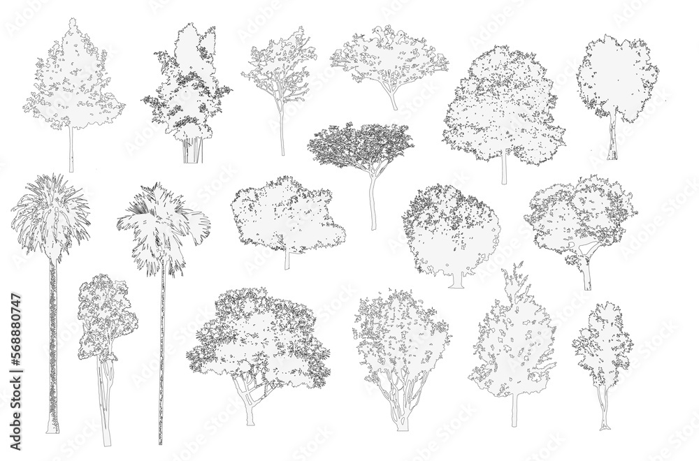 เวกเตอร์ Stock Minimal style cad tree line drawing, Side view, set of graphics trees elements ...