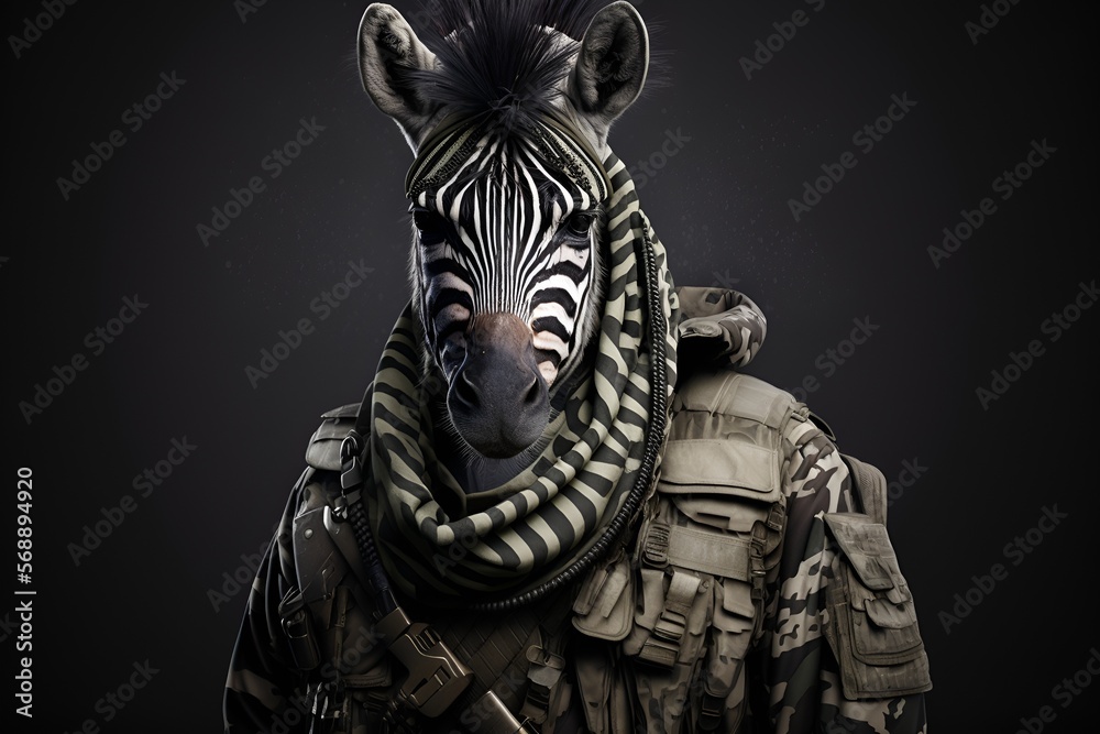 Portrait of a Zebra dressed as a military soldier, generative ai Stock ...