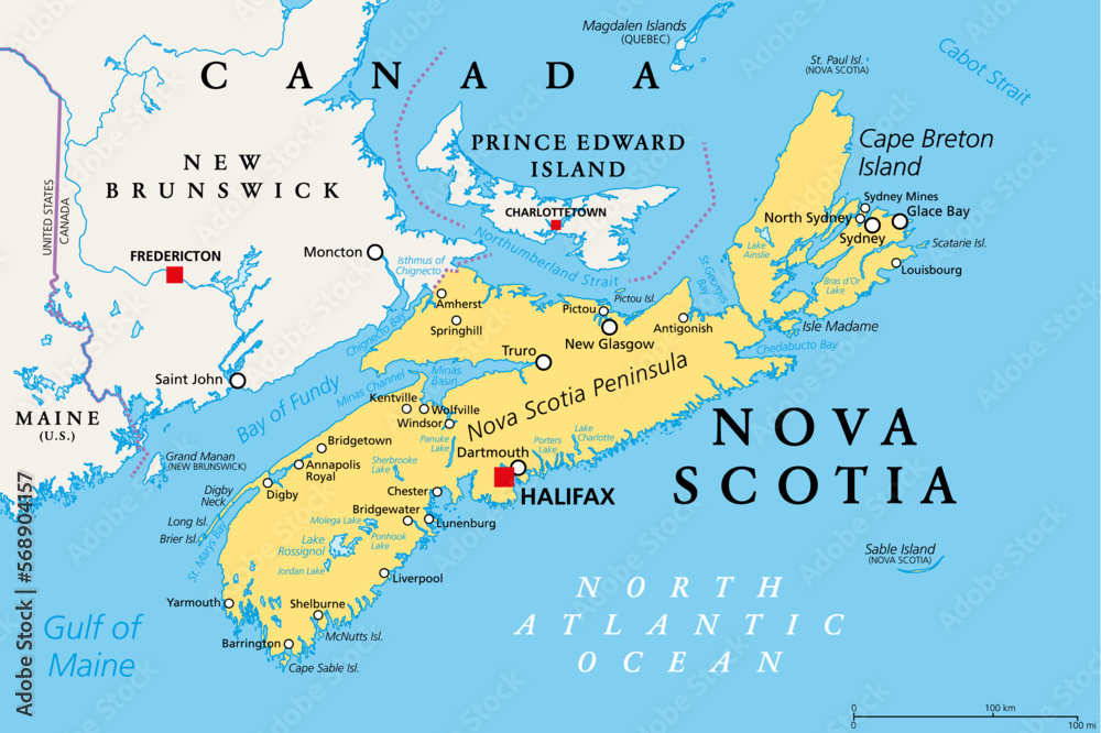 Nova Scotia, Maritime and Atlantic province of Canada, political map ...