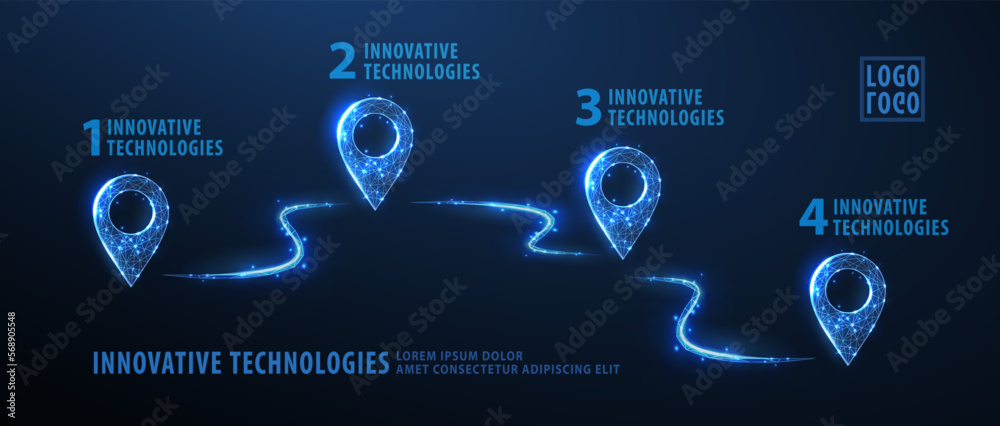 Roadmap. Infographic with four pin icons and curves that indicate route ...
