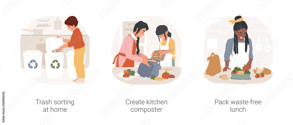 Garbage sorting isolated cartoon vector illustration set. Reduce reuse ...